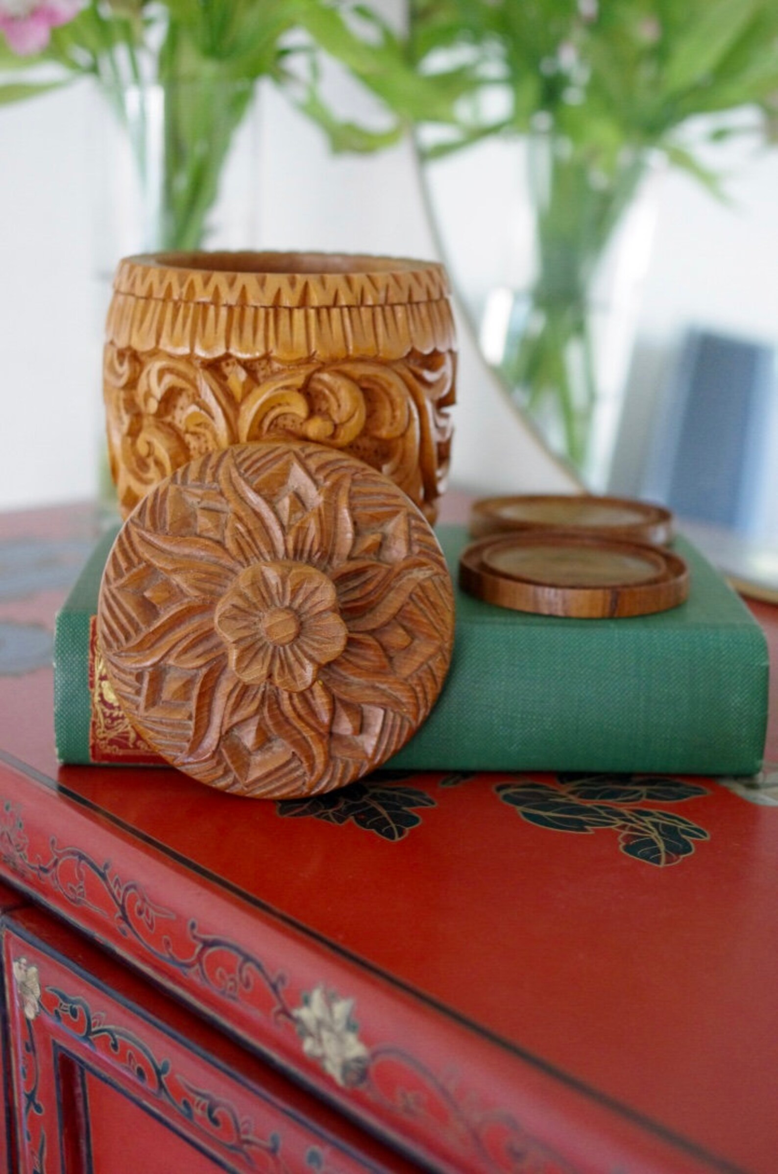 Vintage Hand Carved Ornate Walnut Container With Coasters - Etsy
