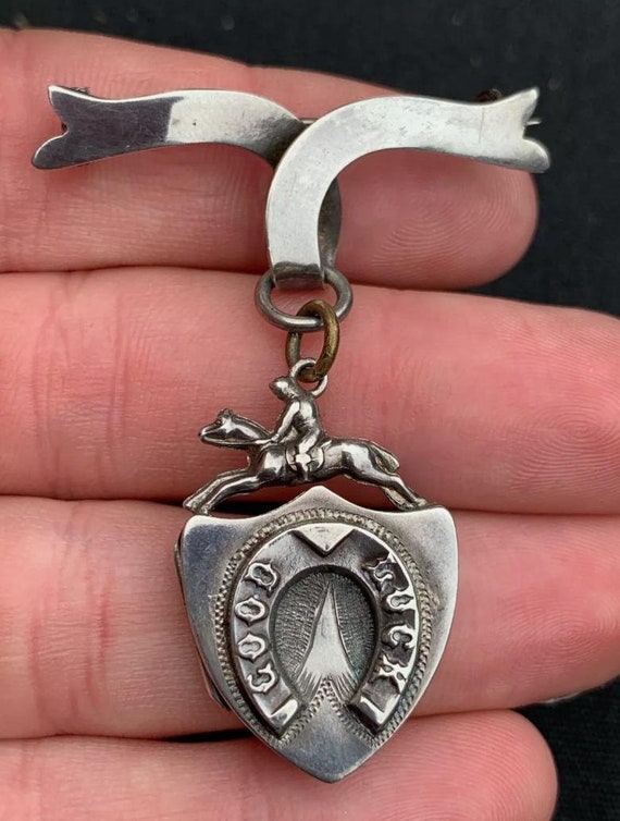Antique Silver Good Luck Locket Brooch, Equestrian Pe… - Gem