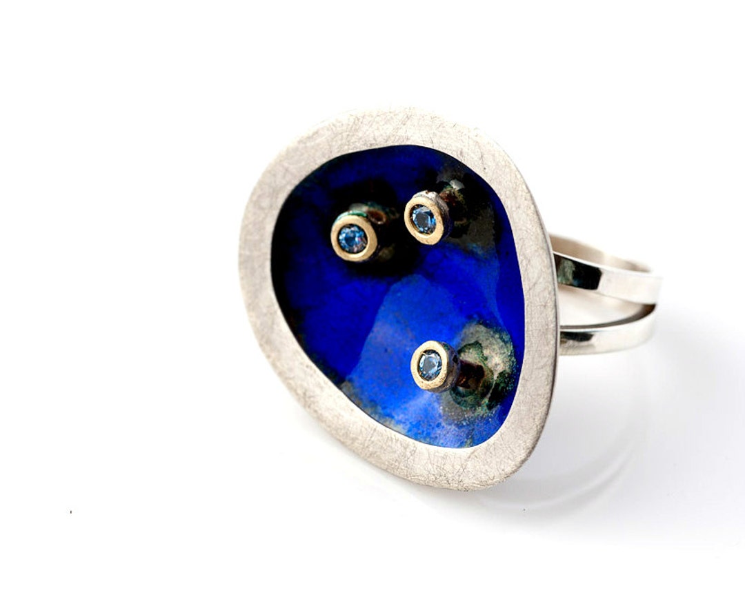 SALE - Bold Modern Statement Ring, Sterling Silver,gold, Blue Zircons ...