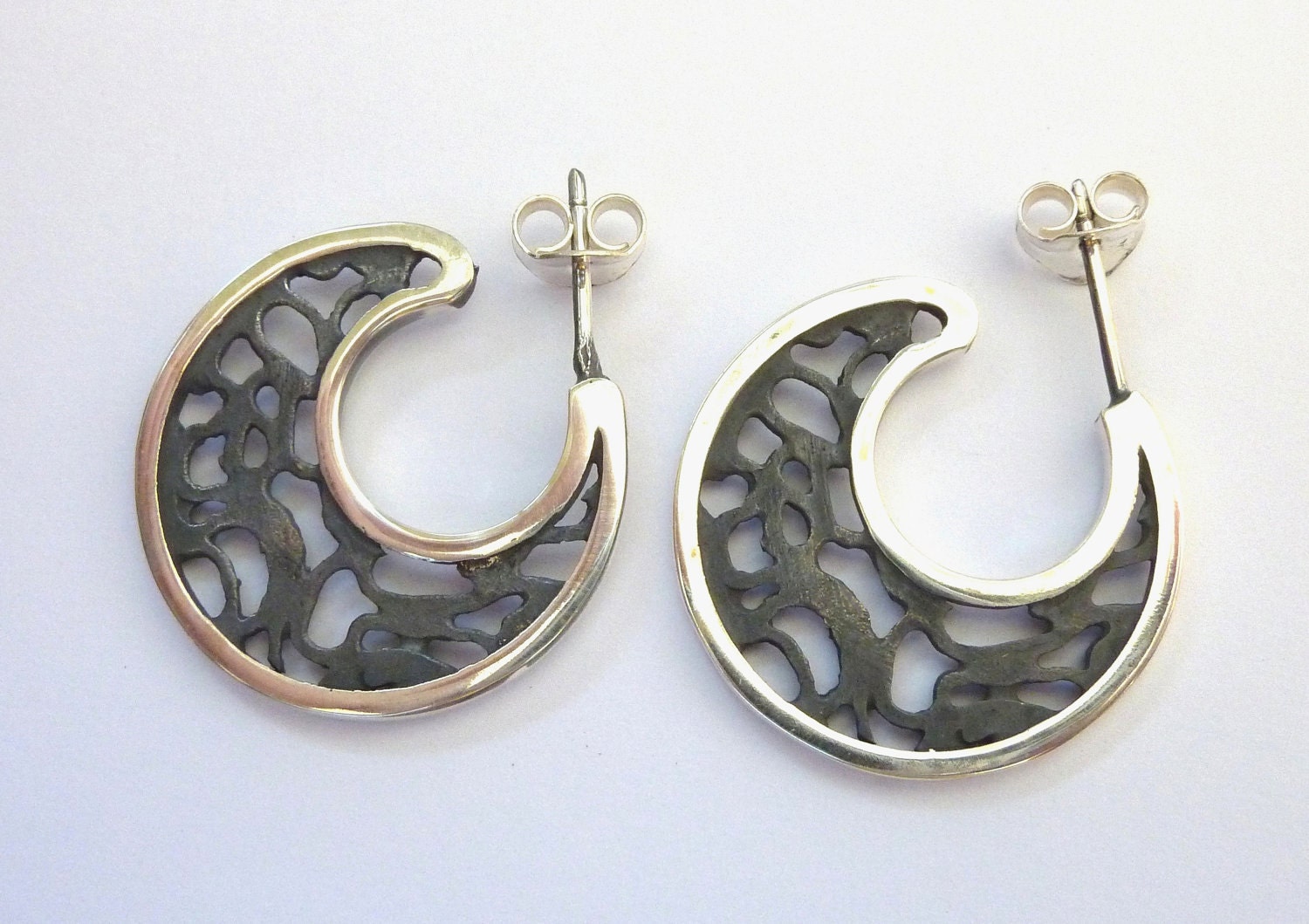 Small Filigree Sterling Silver Hoops- Black & White Silver Earrings ...