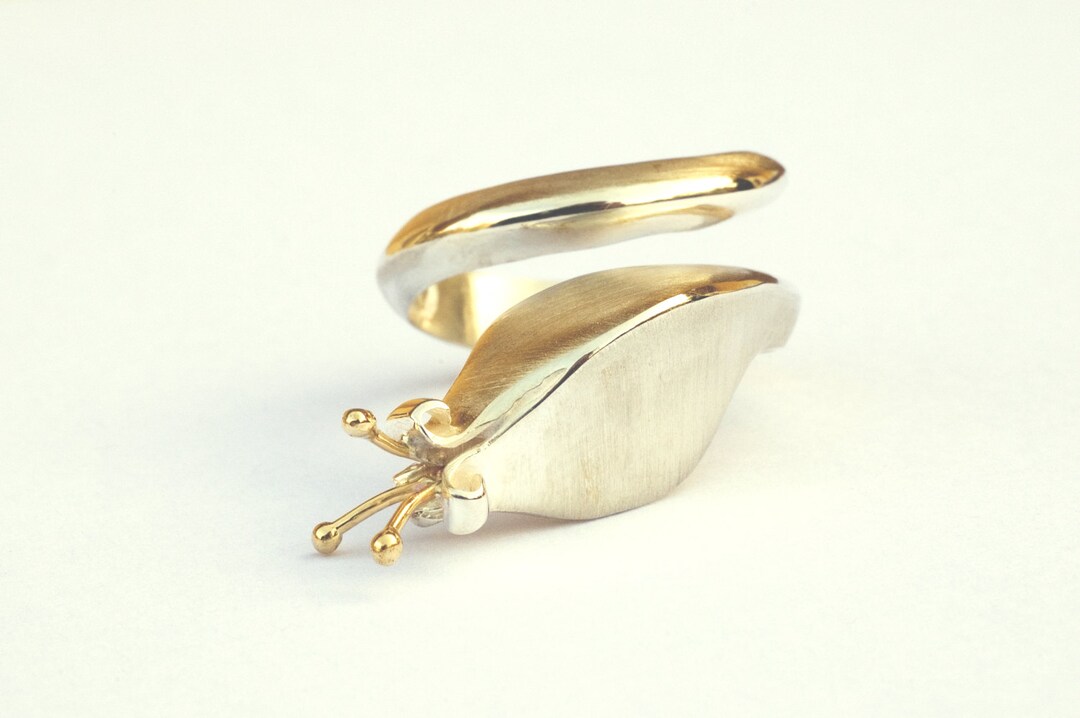 Modern Flower Ring, Sterling Silver & 18k Gold , Art Nouveau Ring ...