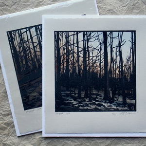 Original Linocut Print, Hand Painted Lino Print, Bushfire Landscape ...