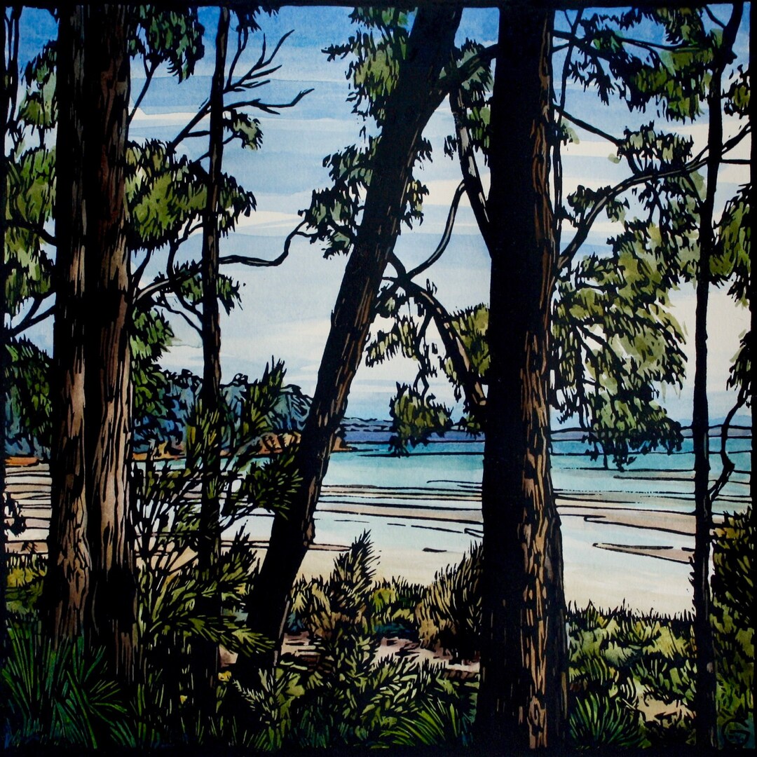 Original Hand Painted Linocut, Lino Print, Australian Landscape, Beach ...