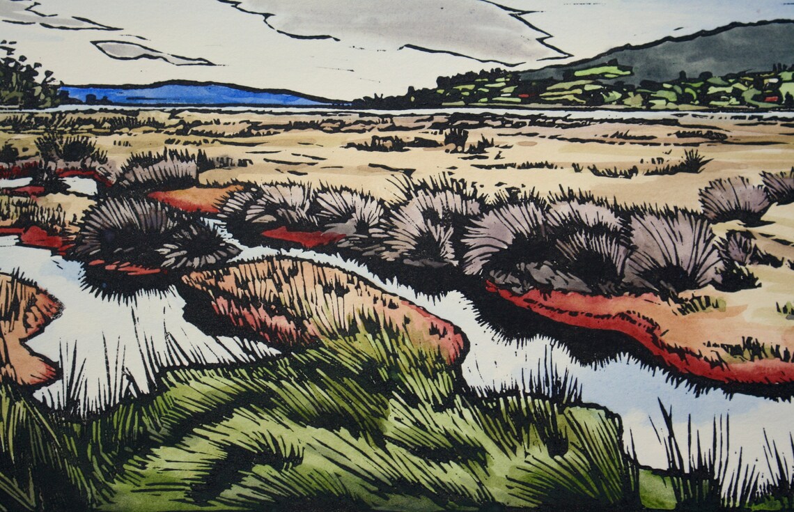 Original Linocut Print Hand Painted Lino Print Landscape | Etsy