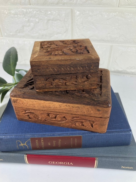 Pair of Carved Wooden Boxes Hand Carved Ornate Box Boho Box | Etsy