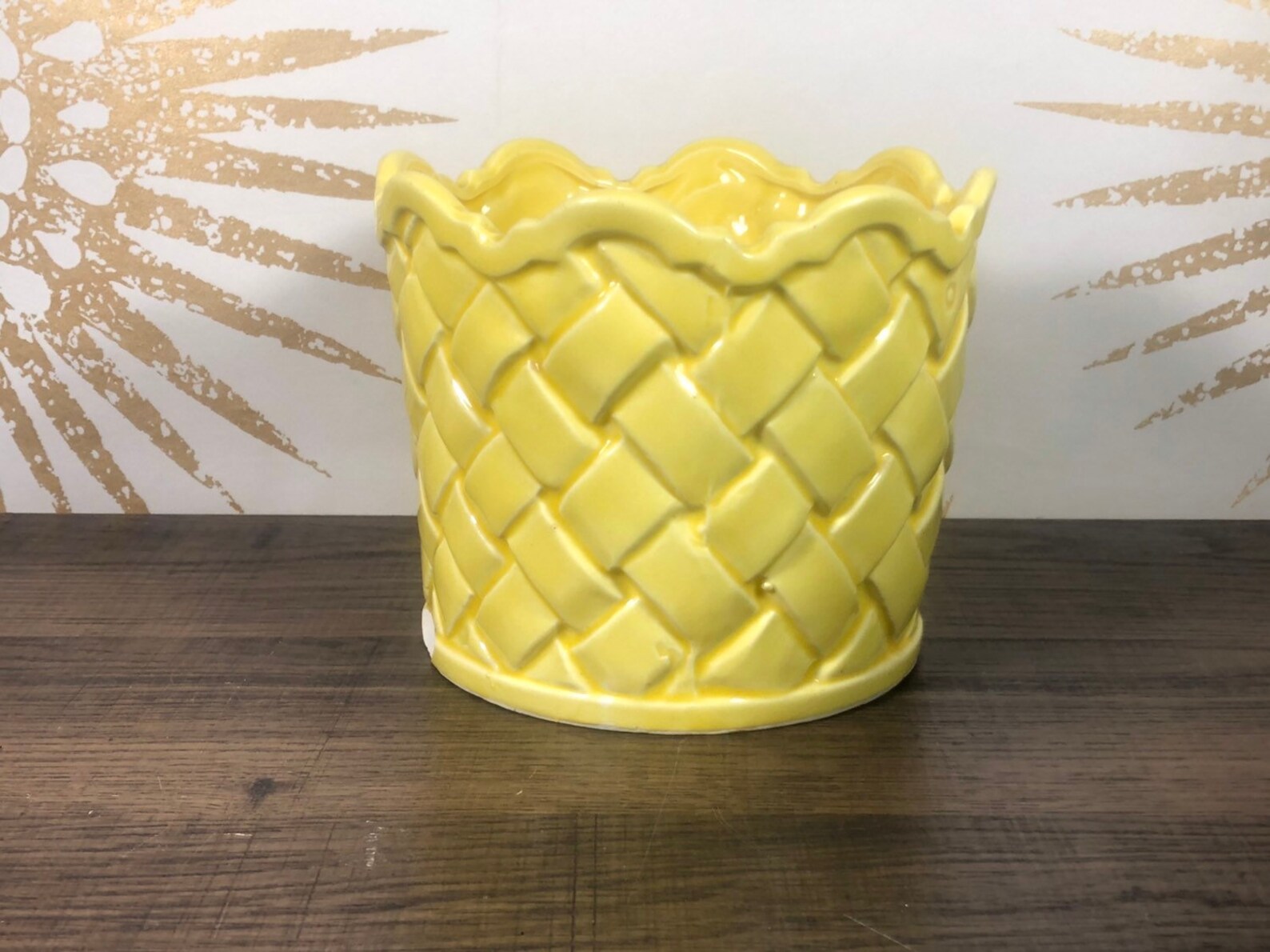 Yellow Lattice Pottery Planter, Vintage Yellow Basket Weave Cache Pot ...