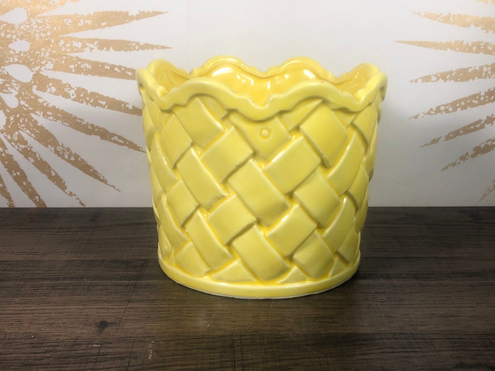 Yellow Lattice Pottery Planter, Vintage Yellow Basket Weave Cache Pot ...