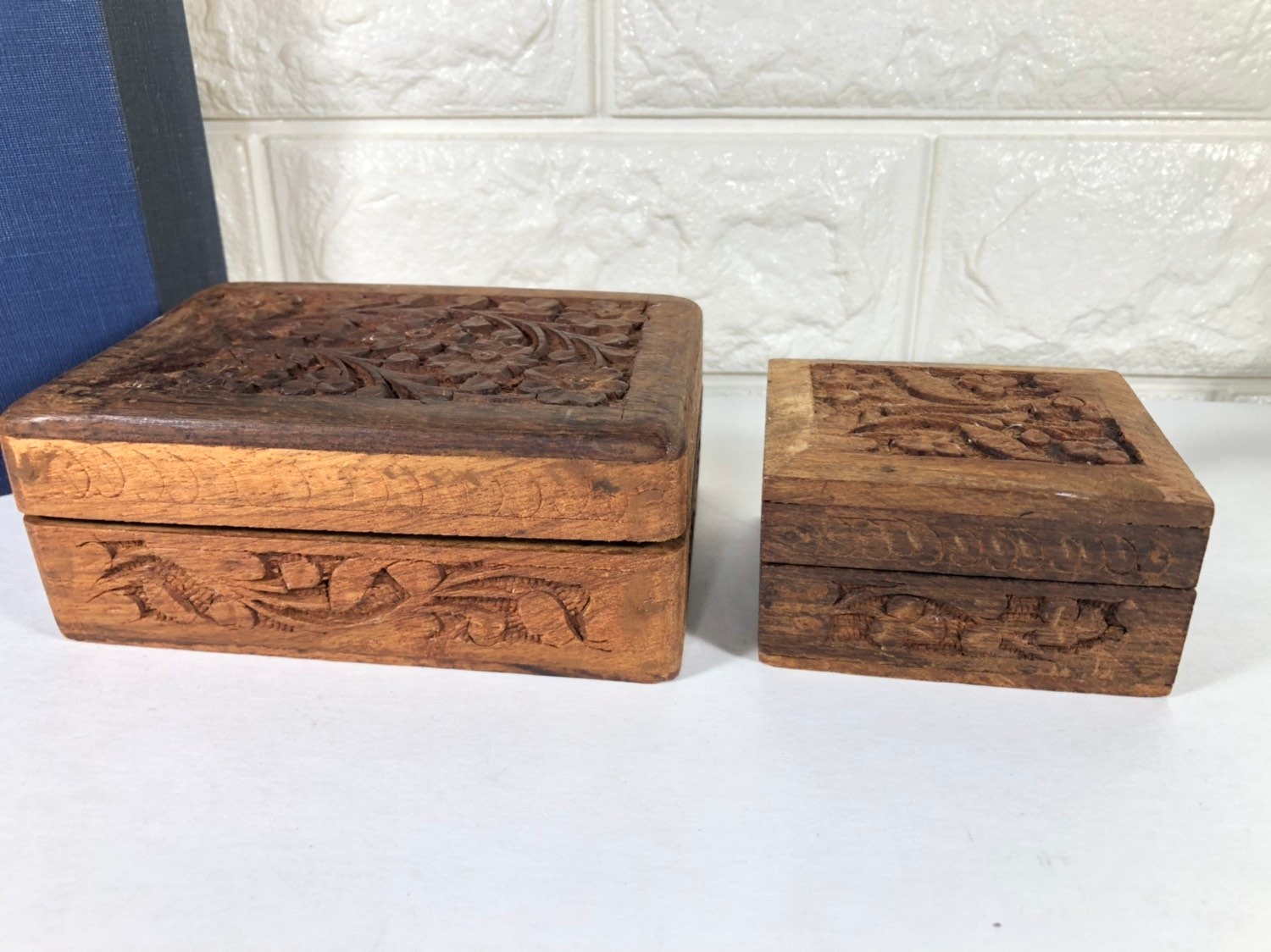 Pair of Carved Wooden Boxes, Hand Carved Ornate Box, Boho Box, Flowers ...