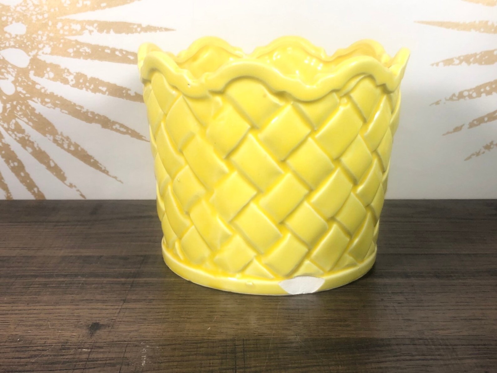 Yellow Lattice Pottery Planter, Vintage Yellow Basket Weave Cache Pot ...