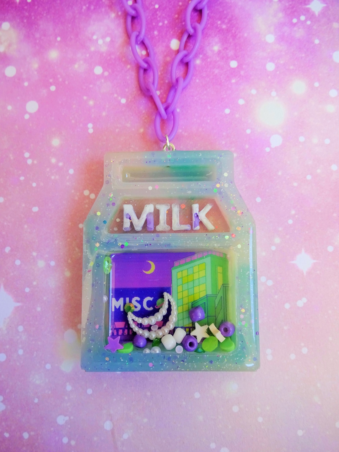 Purple Green Galaxy Milk Carton Necklace Moon Heart Confetti Sprinkle ...