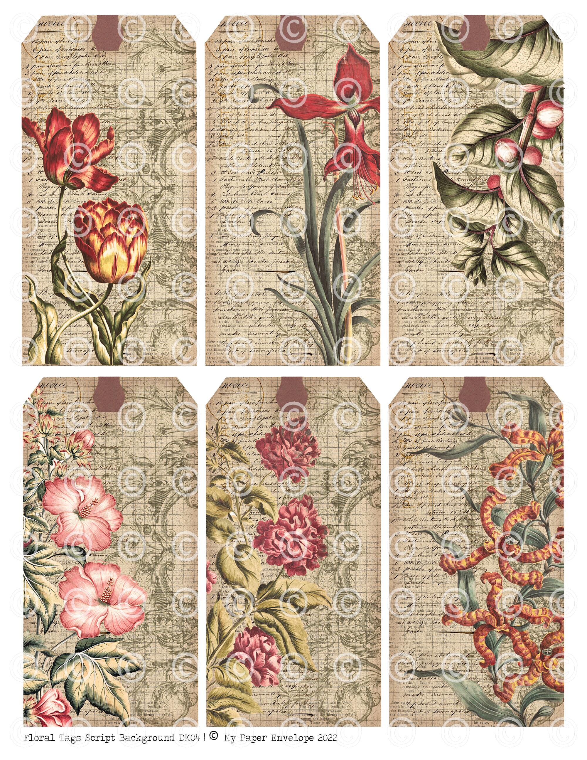 DK04 Floral Tags Script Background Printable Journal Kit | Tags ...