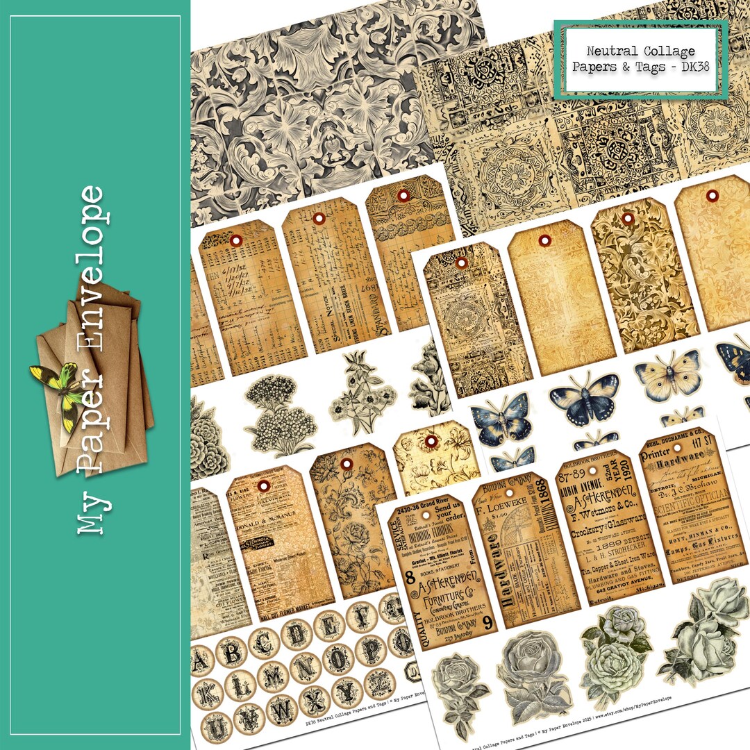 DK38 Neutral Collage Papers and Tags - Etsy