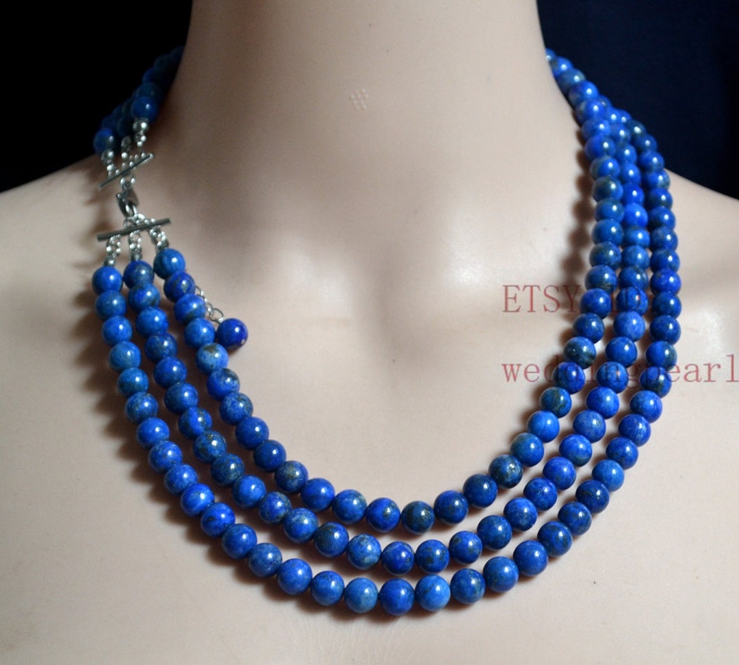 Natural Lapis Lazuli 3-strand Necklace, Blue Stone Beaded Statement ...