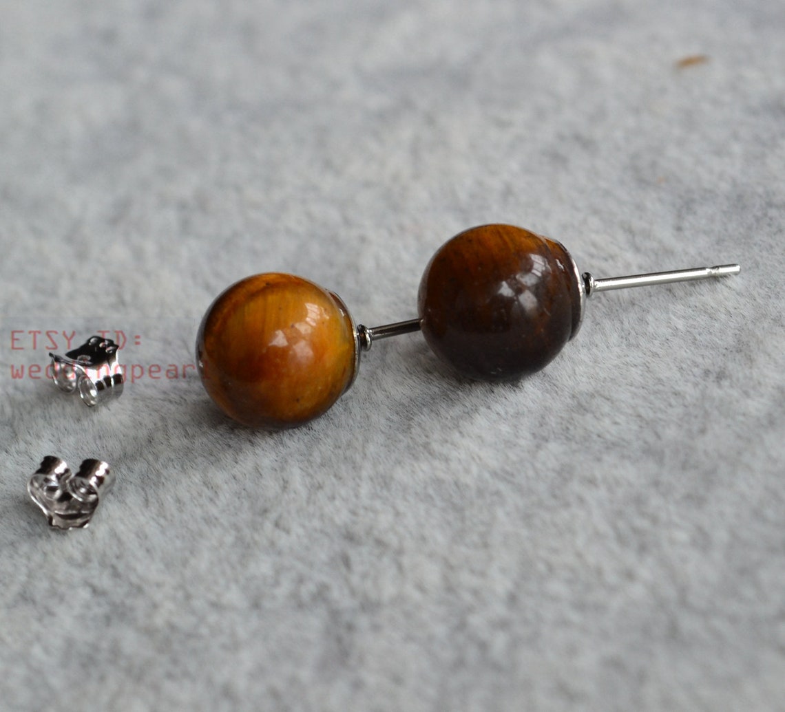 Tiger's-eye Stone Earring9.9mm Real Stone Stud Earrings - Etsy