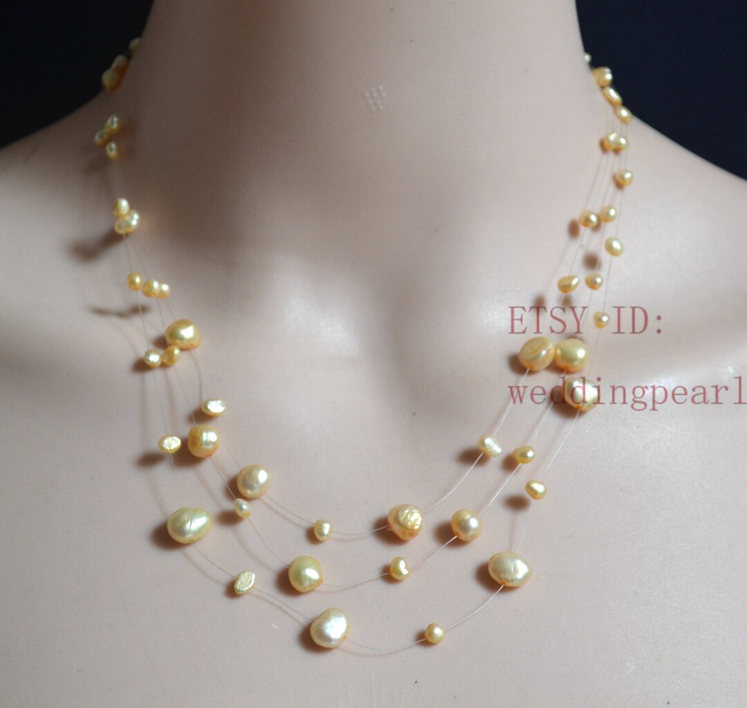 Gold Yellow Pearl Floating Necklace, Strands, 3 Strands, 5 Strands,10 ...