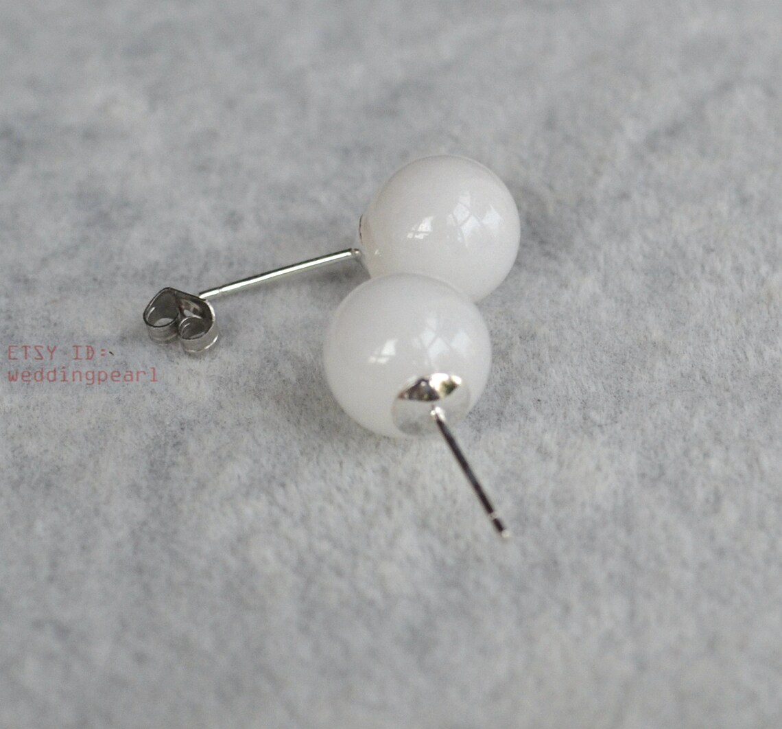 White Jade Stone10 Mm White Stone Earrings White Bead - Etsy