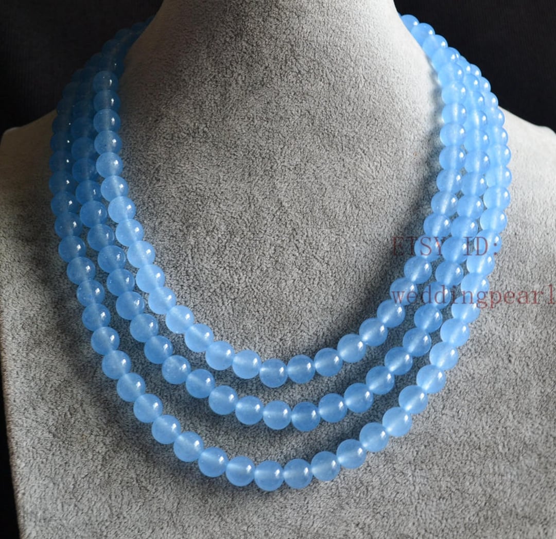 Light Blue Necklace, 3 Strands 8mm Blue Bead Necklace, Wedding Necklace ...