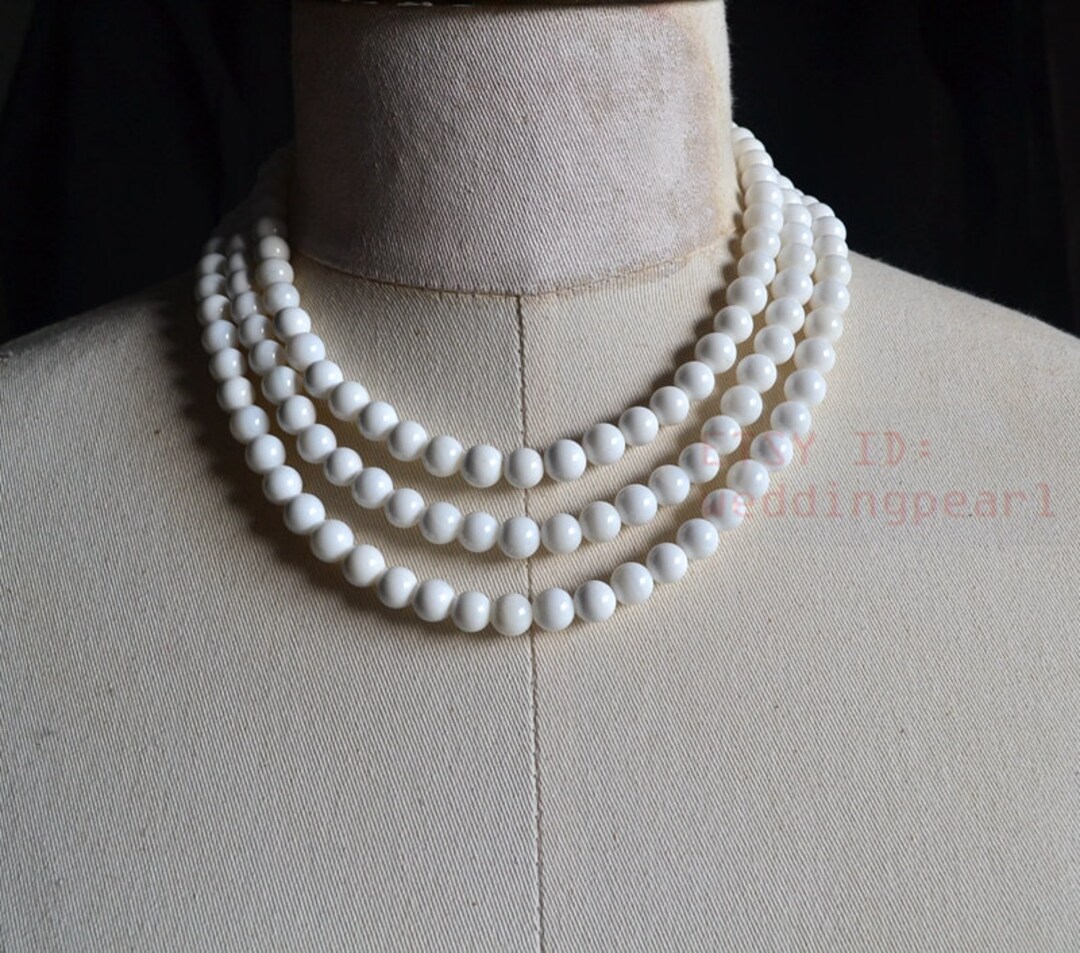 White Shell Necklace, Pure White Necklace, Triple Strands White Bead ...