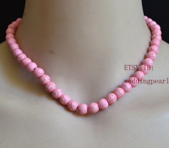 8mm pink beaded necklace sing strand pink beads necklace fake turquoise necklace statement necklace pink color necklace