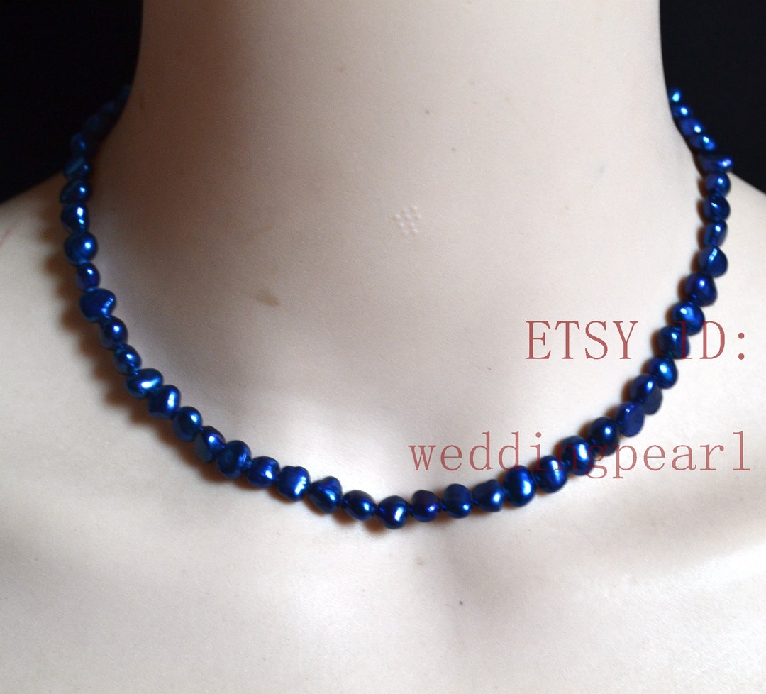 Navy Pearl Necklace, Baroque Pearl Necklace, 6mm Blue Pearl Necklace ...