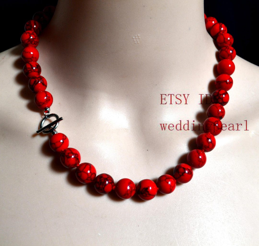 Red Turquoise Necklace, Sing Strand 12mm Red Beads Necklace, Synthsic ...
