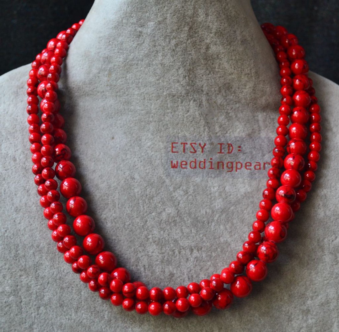 Red Turquoise Necklace,triple Strand 6-8mm Red Bead Necklace,statement ...