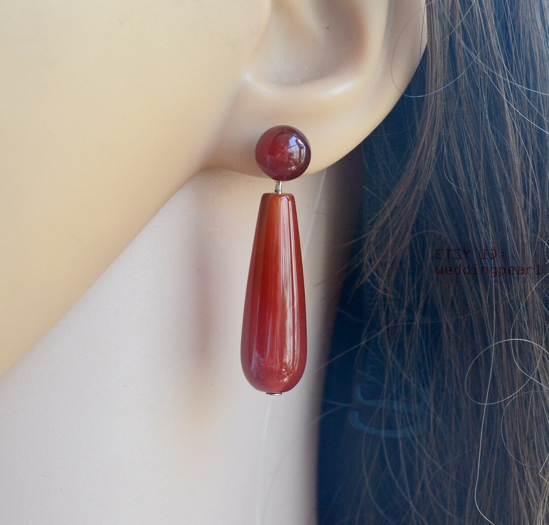 Longer Drop Dark Red Agate Earrings - Etsy