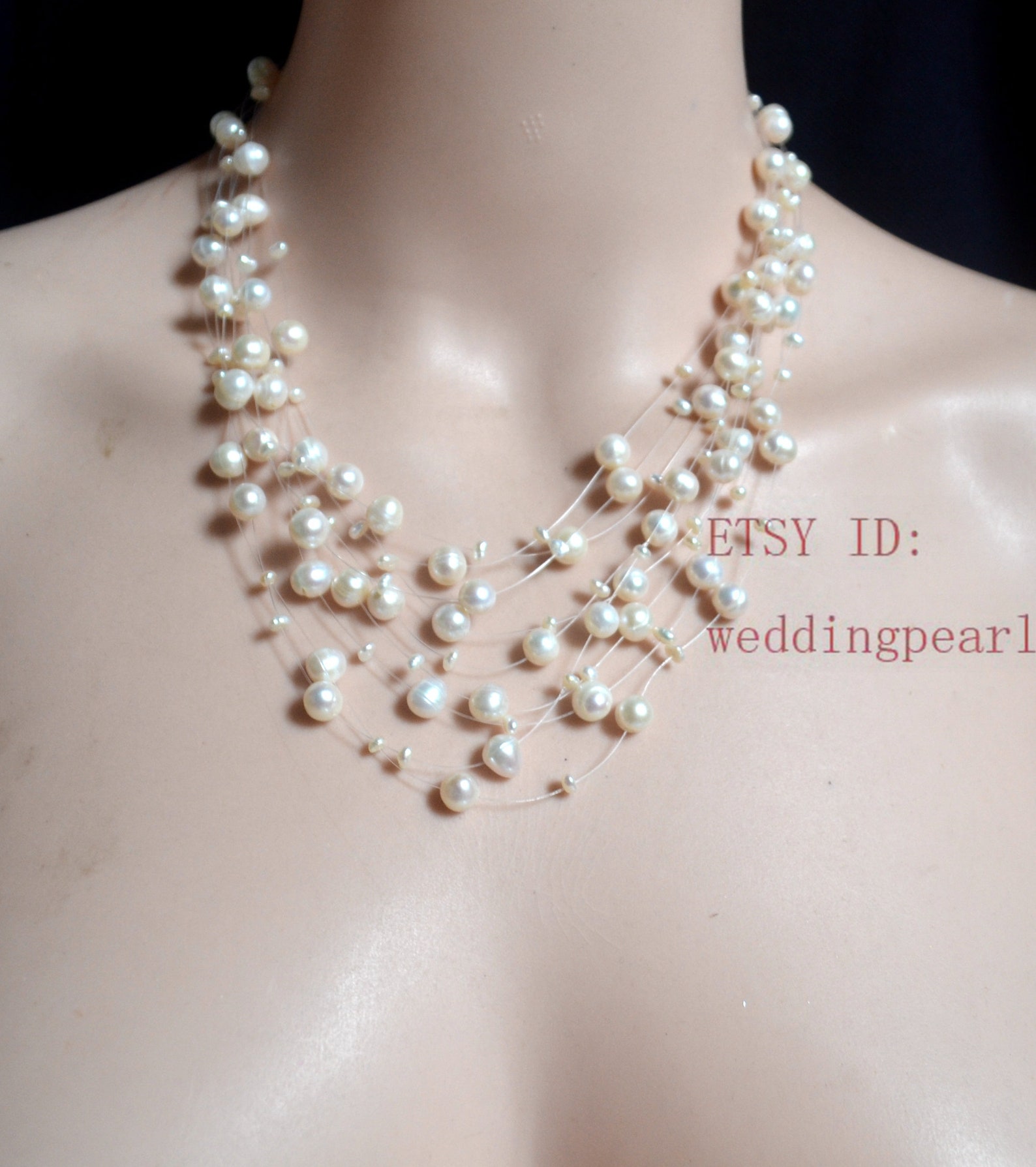 Ivory White Freshwater Pearl Illusion Necklace, Sterling Silver Clasp ...