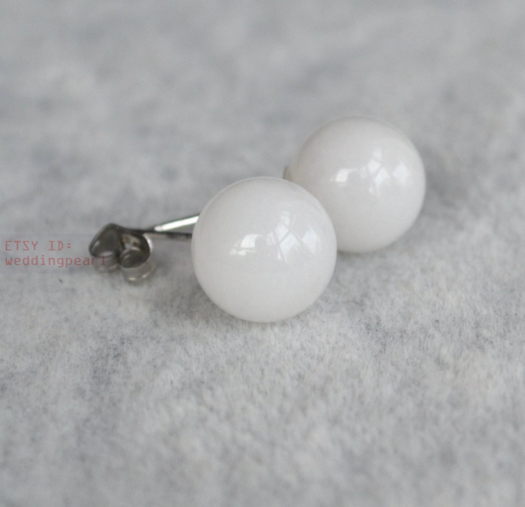 White Jade Stone,10 Mm White Stone Earrings, White Bead Earrings Stud ...