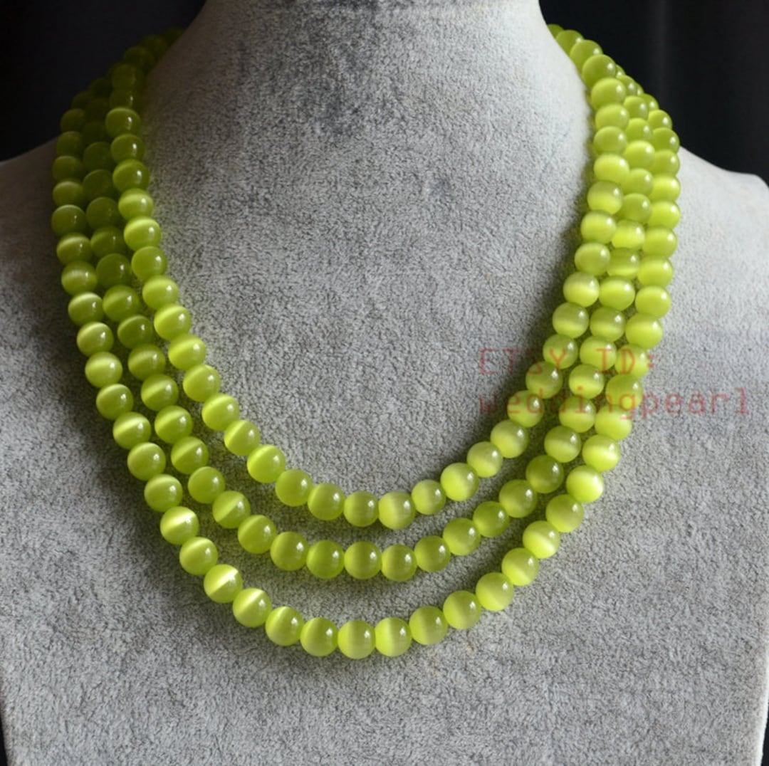 Lime Green Necklace, Triple Strands Green Man-made Cat's Eye Stone ...