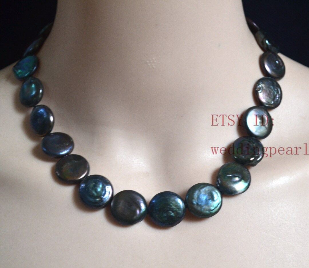 Peacock Black Coin Pearl Necklace, 15-17mm Round Coin Pearl Beaded,17 Inch, Statement Necklace ...