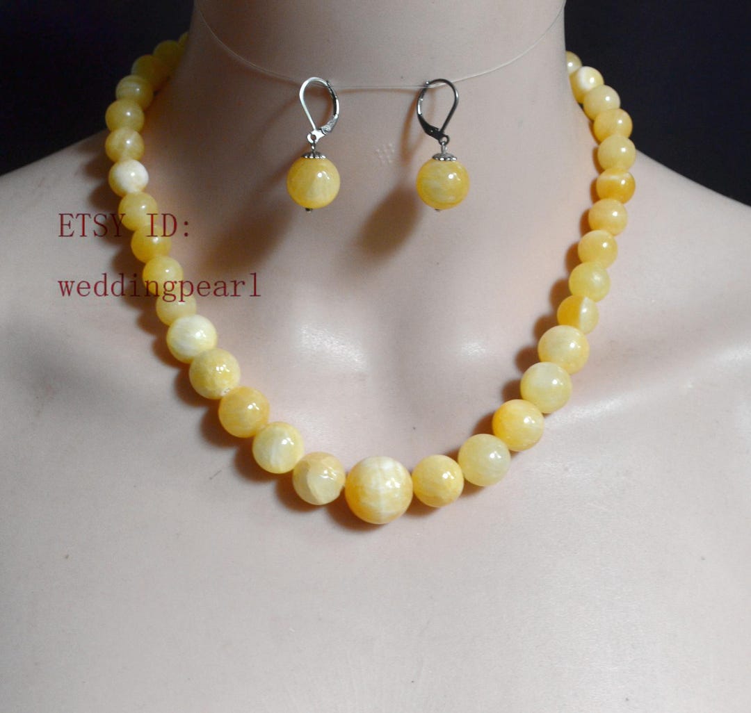 Natural Light Yellow Jade Necklace & Earrings Set, Single Strand Yellow ...