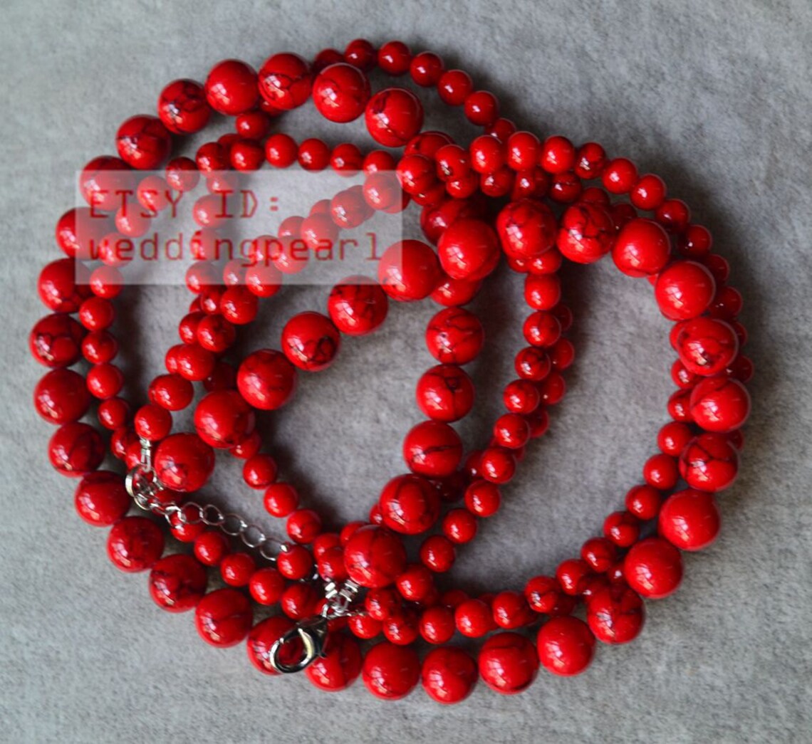 Red Turquoise Necklacetriple Strand 6-8mm Red Bead - Etsy