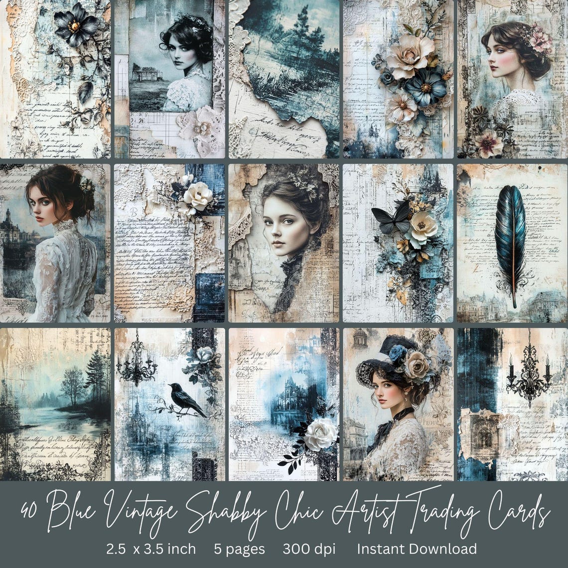 40 Blue Vintage Shabby Chic Digital Artist Trading Cards | Instant ...