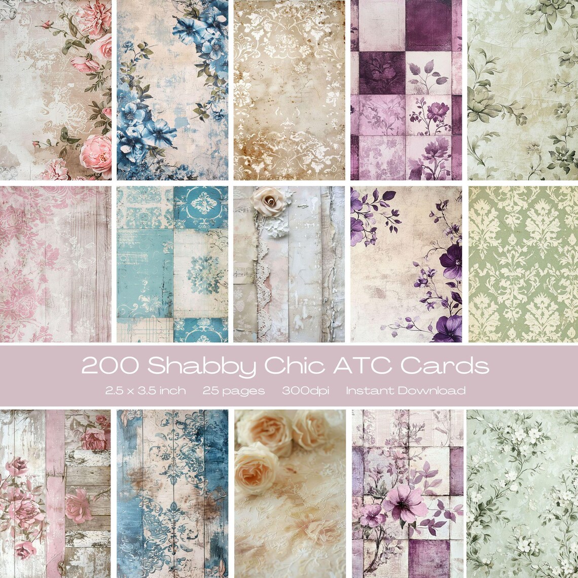 200 Shabby Chic Floral Digital Artist Trading Cards | Mega Set of ATC ...