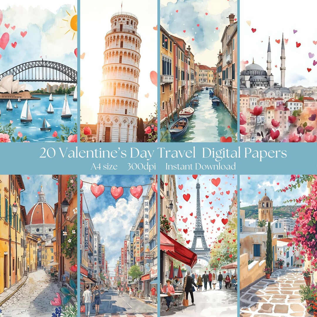 A4 Valentine's Day Travel Digital Paper Set | 20 Pages | Scrapbook ...