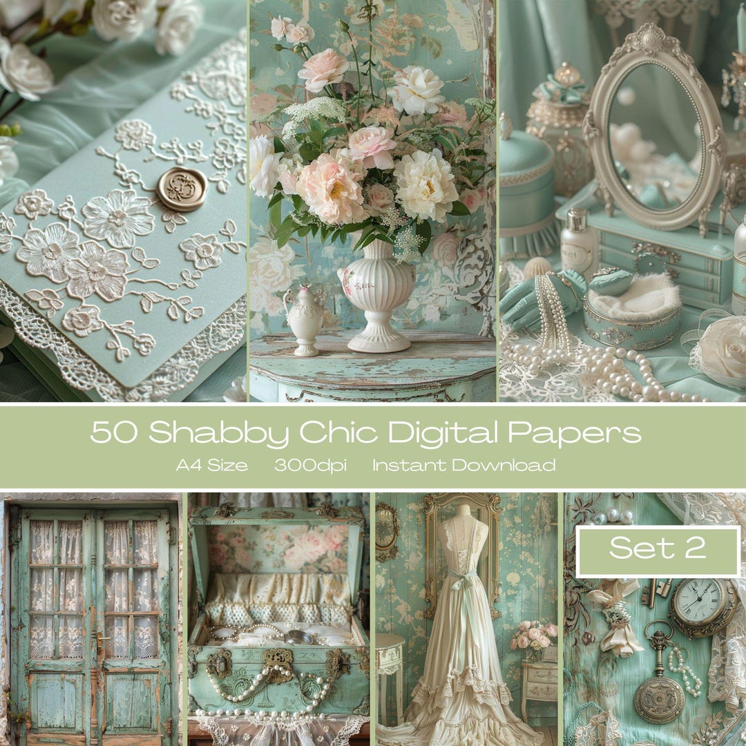 A4 Shabby Chic Mint Green Digital Paper Pack - Set 2 | French Floral ...