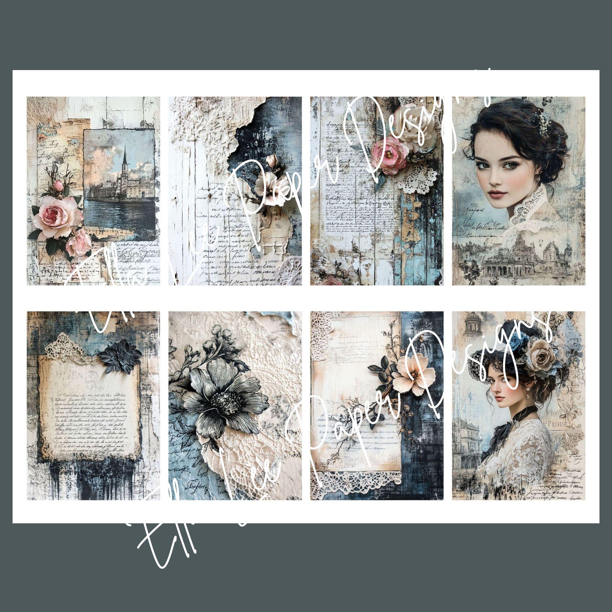 40 Blue Vintage Shabby Chic Digital Artist Trading Cards | Instant ...