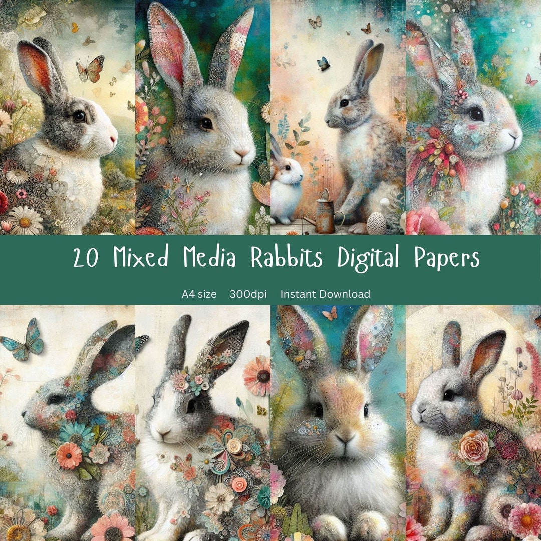 Mixed Media Rabbits | A4 Size | Junk Journal Paper | Printable Paper ...
