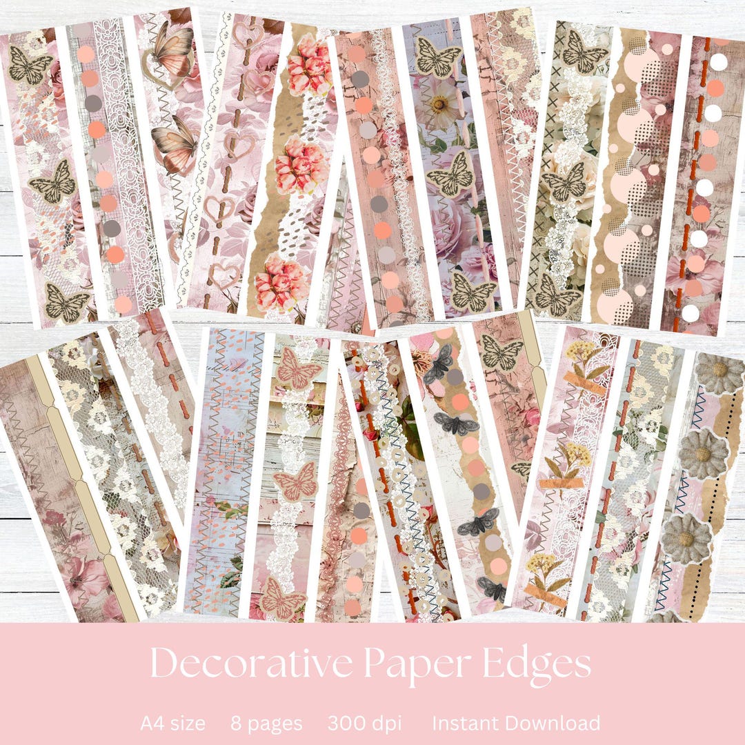 Digital Paper Edges | Pink Floral Paper Edges- 8 Pages | A4 Size ...