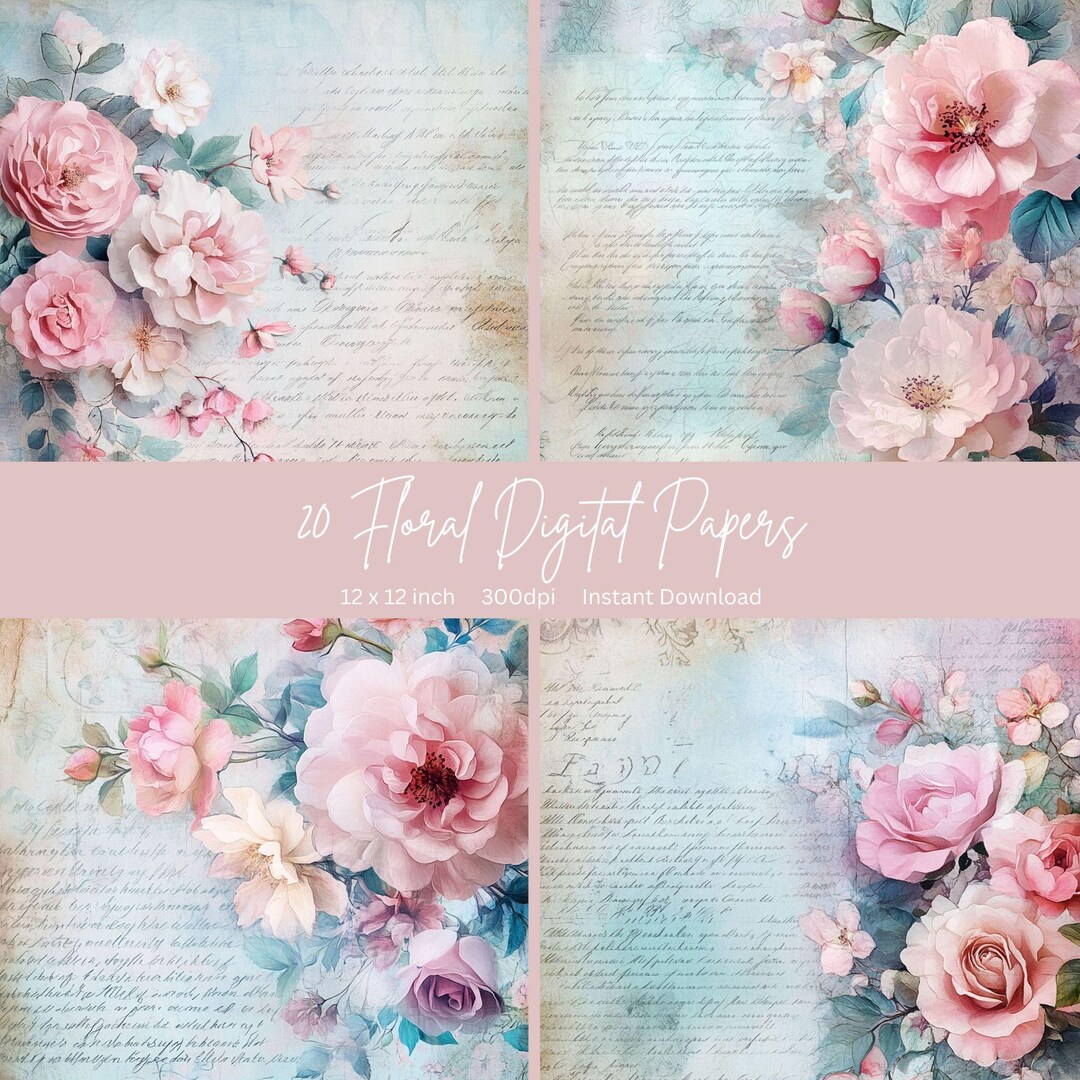 20 Pink Floral Digital Pages | Instant Download | 12 X 12 Inch ...