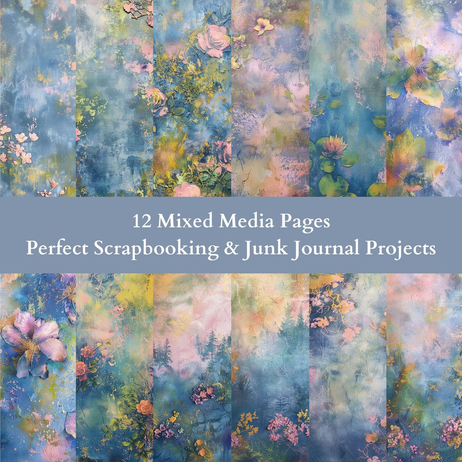 12 Mixed Media Floral Backgrounds A4 Size Pastel Tones, for Junk ...