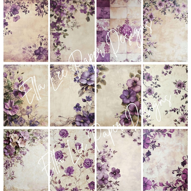8.5 X 11 Inches Purple Shabby Chic Floral | Junk Journal Papers ...