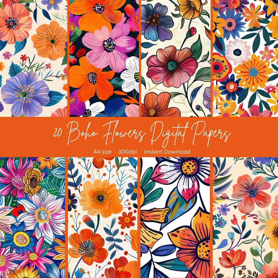 Boho Flowers Digital Paper Junk Journal Paper Printable Paper Digital ...