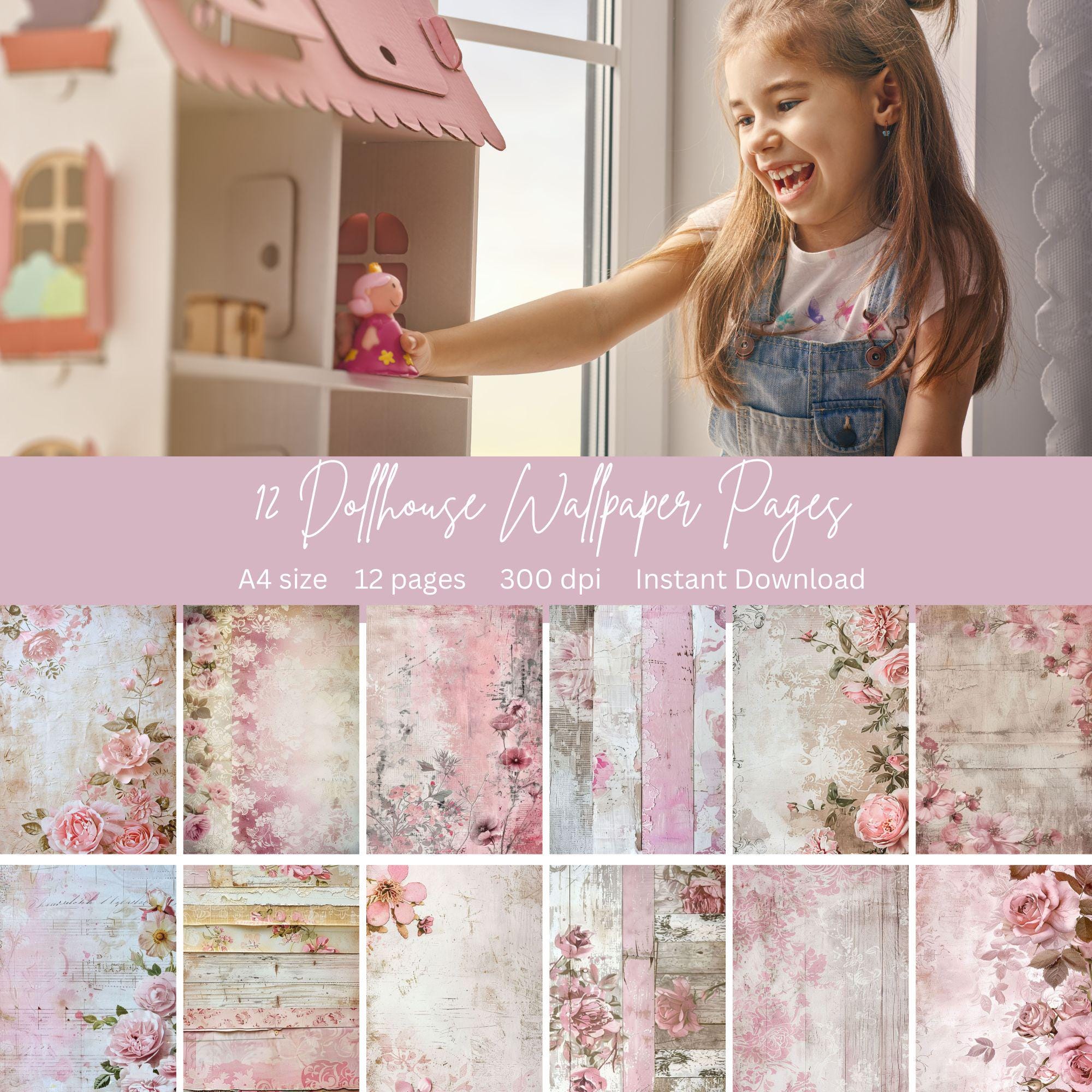 12 Dollhouse Wallpaper Designs | A4 Size | Shabby Chic Pink | Digital ...