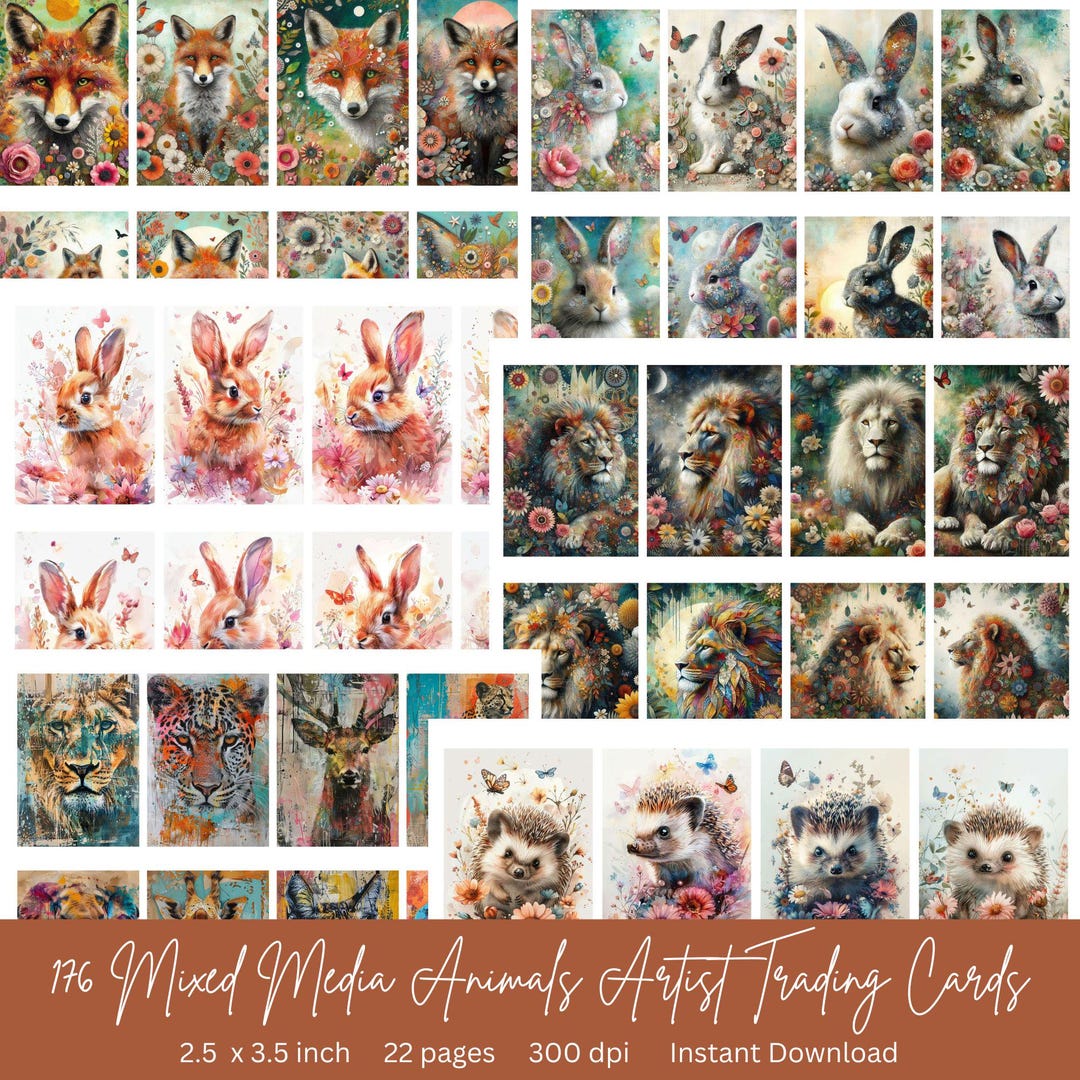 176 Mixed Media Animals Digital Artist Trading Cards | ATC Cards ...