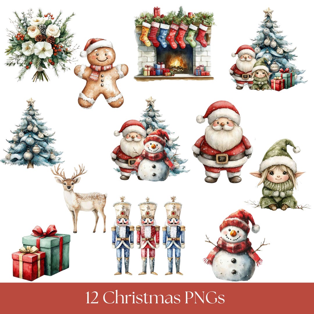 12 Christmas PNG Clipart | Santa, Snowman, Elf, Nutcracker, Tree ...