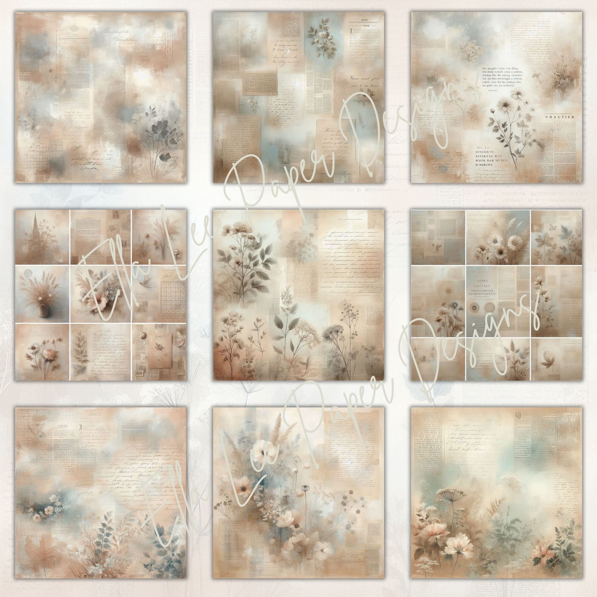 30 Mixed Media Backgrounds 8 X 8 Inch Beige Tones, for Junk Journal ...
