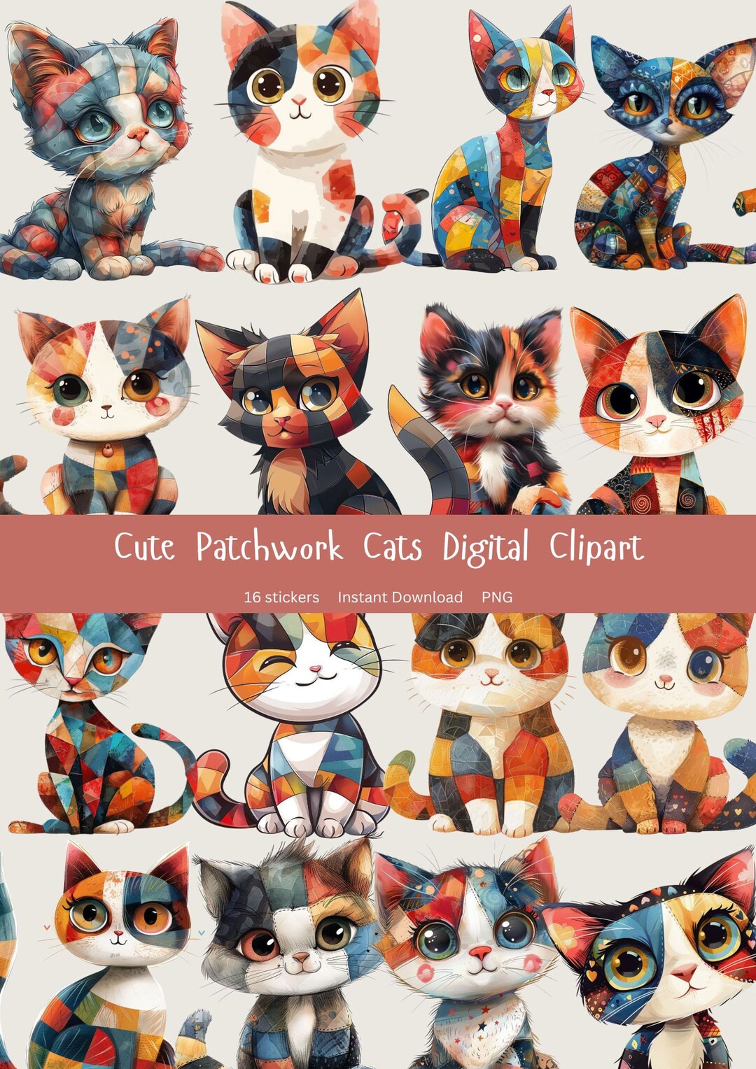CLIPART | 16 Designs| Patchwork Cats | Digital Clipart | Instant ...
