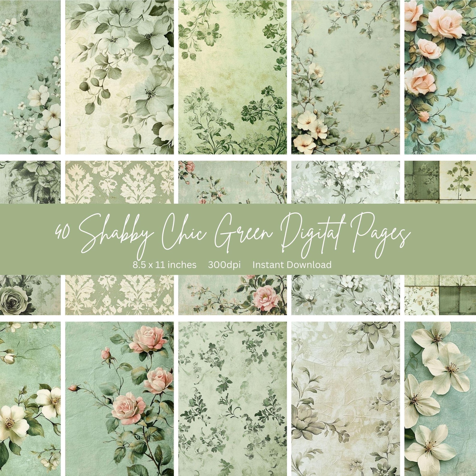 8.5 X 11 Inches Green Shabby Chic Floral | Junk Journal Papers ...